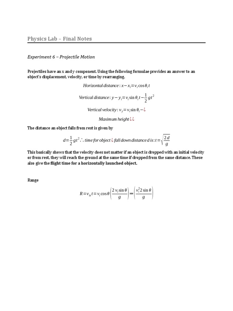 Physics Lab - Final Notes: Experiment 6 - Projectile Motion | PDF