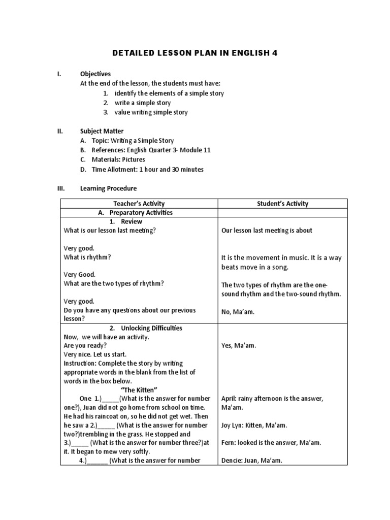 Detailed Lesson Plan in English 4: I. Objectives | PDF | Lesson Plan