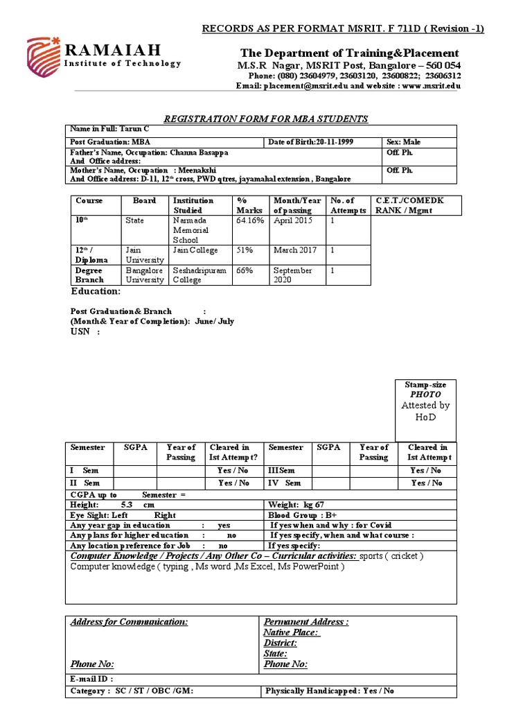 Registration Form For MBA | PDF