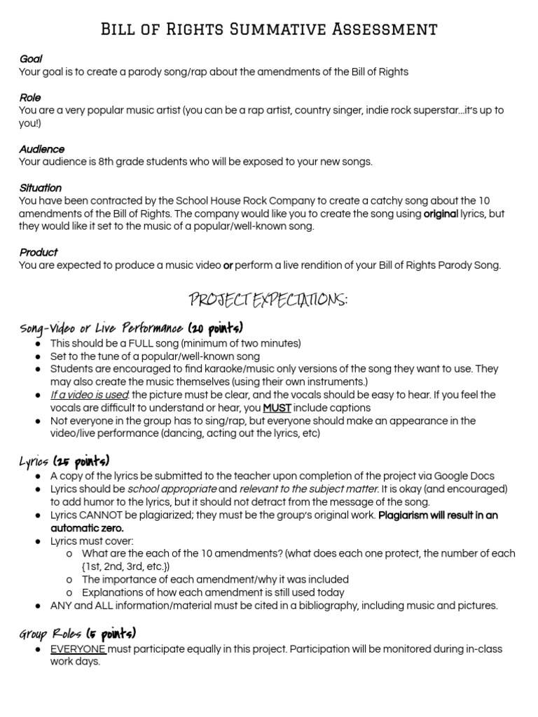 Bill of Rights Parody Song Project | PDF