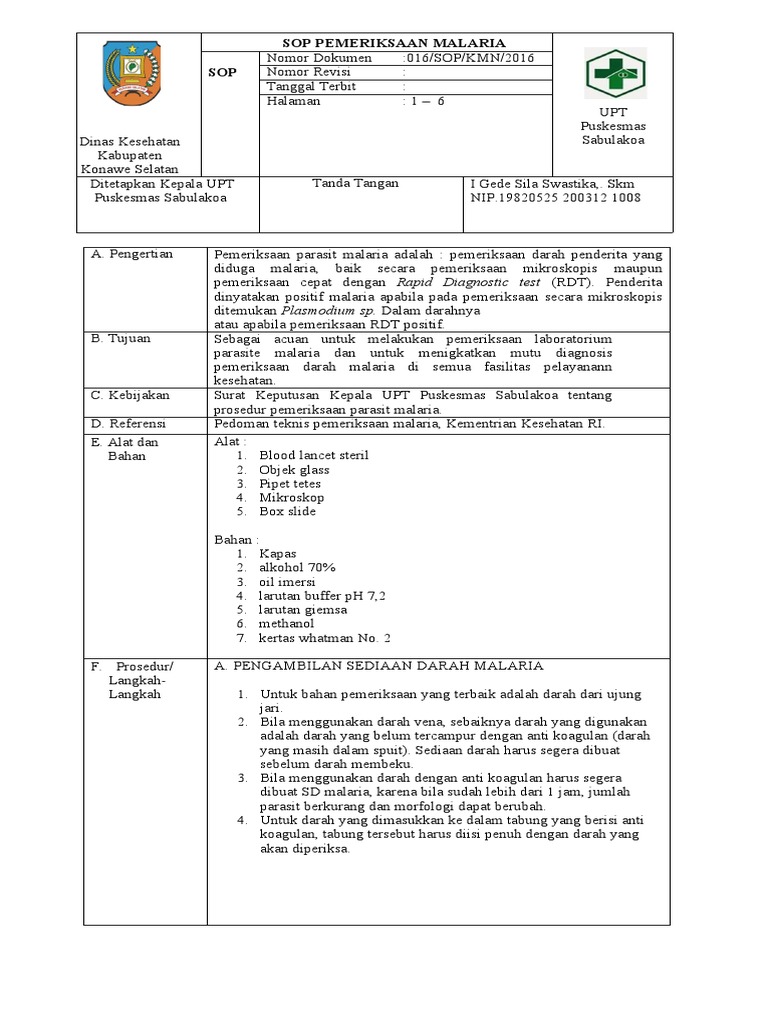 Sop Pemeriksaan Malaria SOP | PDF