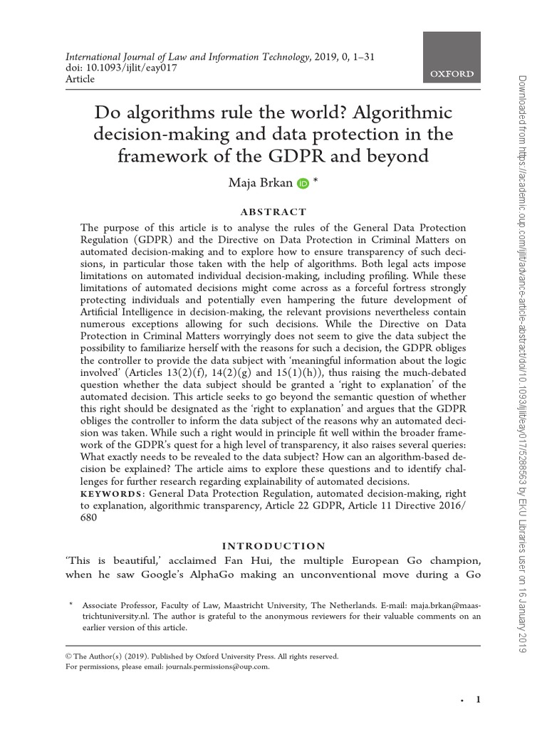 Brkan, Maja - 'Do Algorithms Rule The World - Algorithmic Decision-Making and Data Protection in ...