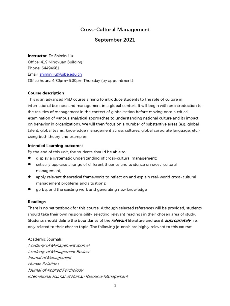 Cross-Cultural Management Syllabus | PDF | Human Resource Management ...
