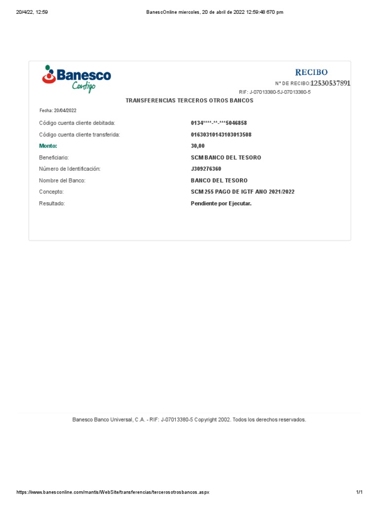 Pago de Igtf Banco Del Tesoro | PDF | Negocios | Derecho