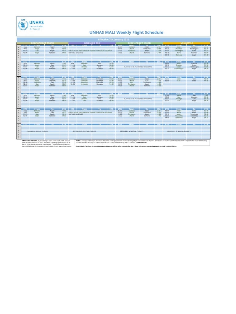 UNHAS Mali Flight Schedule As of 7 January 2022 | PDF | Transport ...