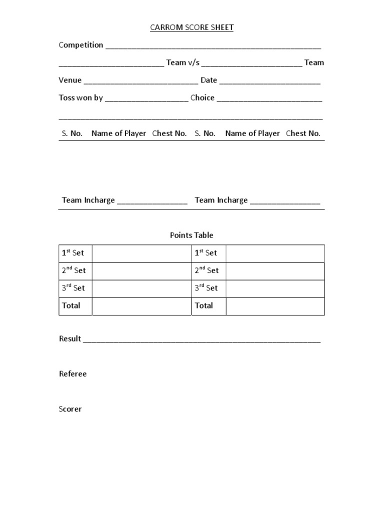 Carrom Score Sheet Template | PDF