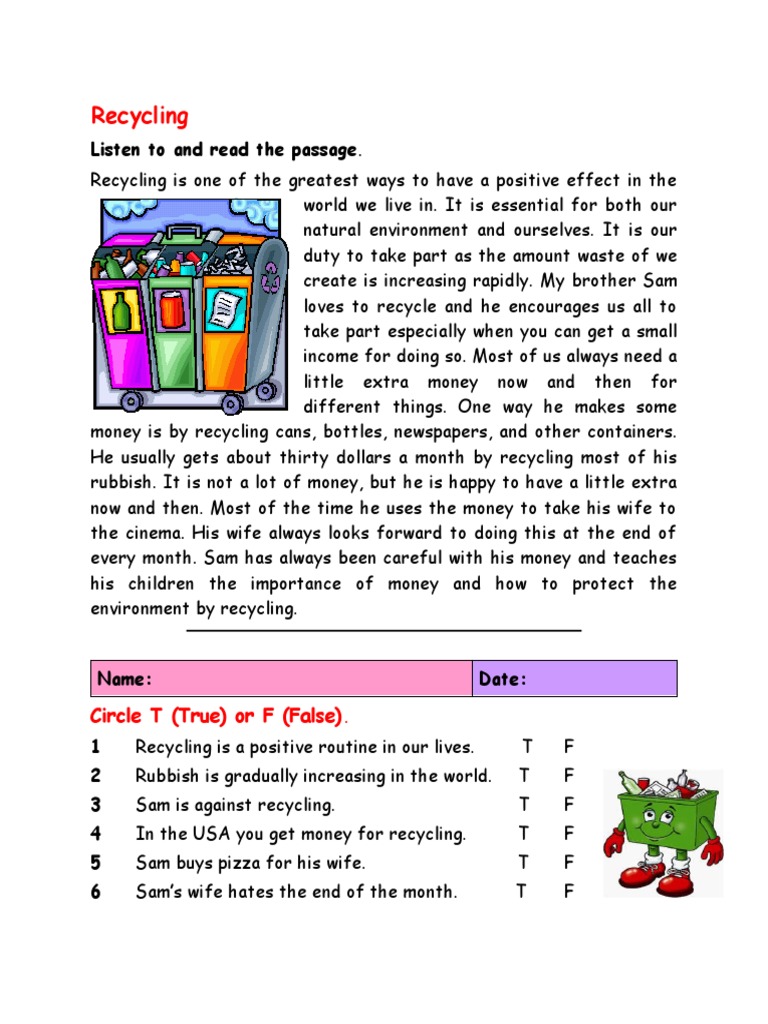8 Recycling Reading Comprehension Exercises | PDF