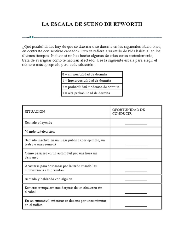 Escala de Sueño de Epworth: Evaluación | PDF
