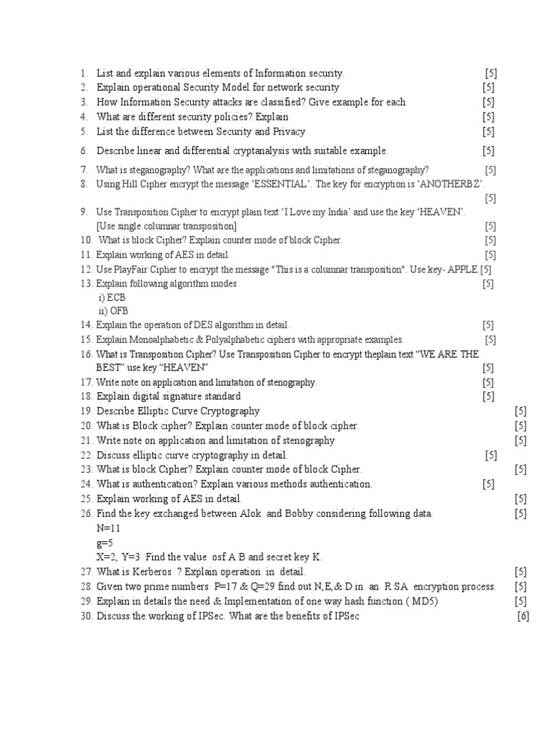 Question Bank On Information Security | PDF | Encryption | Cryptography