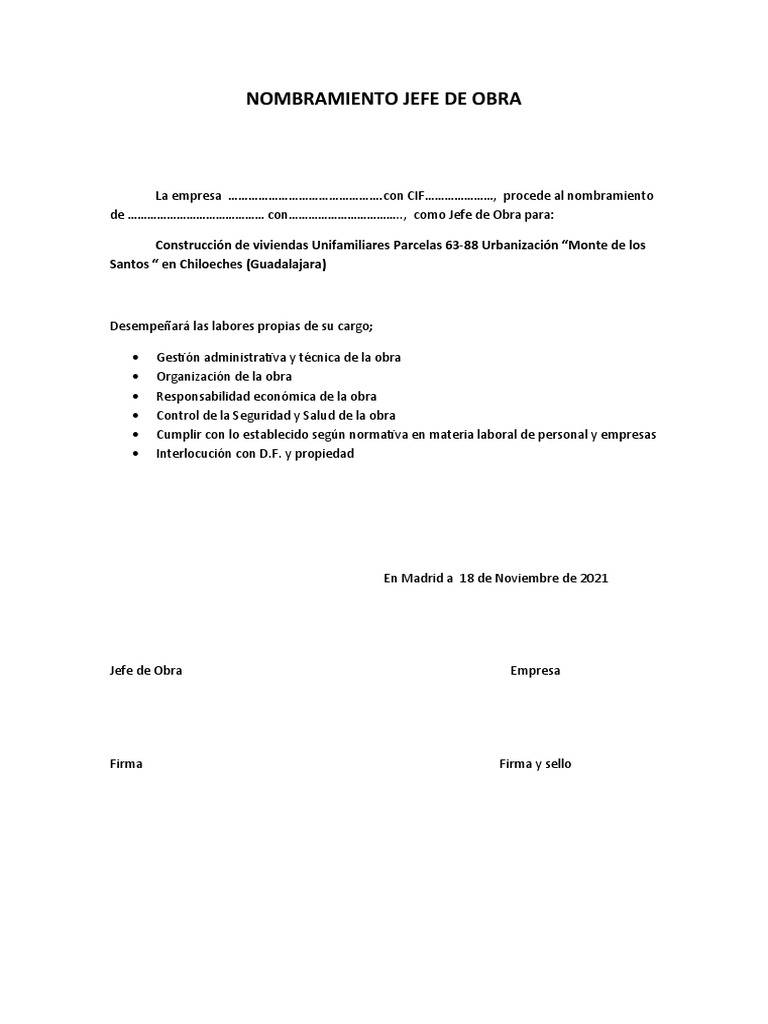 Nombramiento Jefe de Obra | PDF