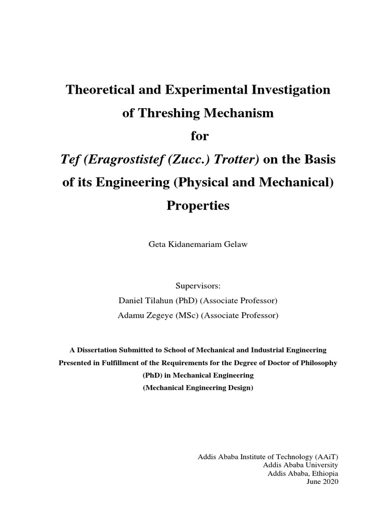 Tef Threshing Mechanism Study | PDF | Doctor Of Philosophy | Young's ...