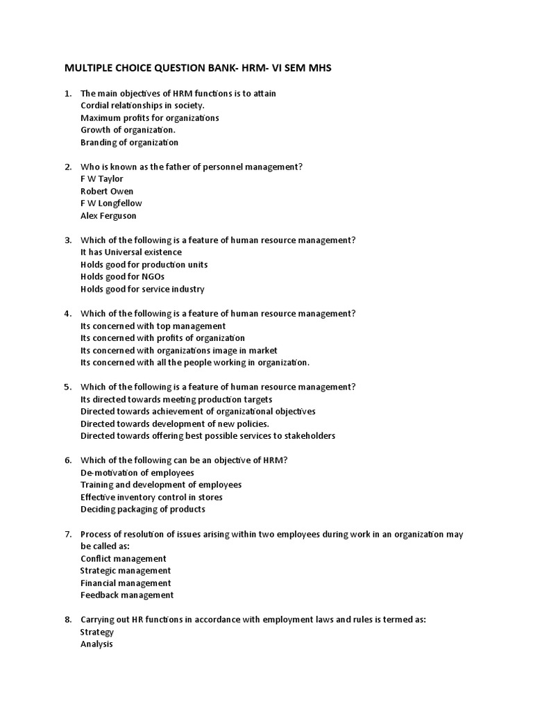 MCQ Bank HRM - VI Sem MHS | PDF | Human Resource Management | Motivation