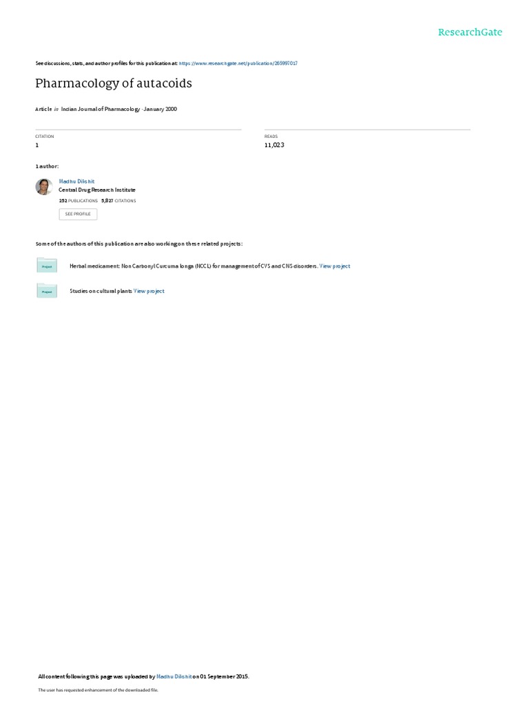 Pharmacology of Autacoids | PDF | Serotonin | Reactive Oxygen Species