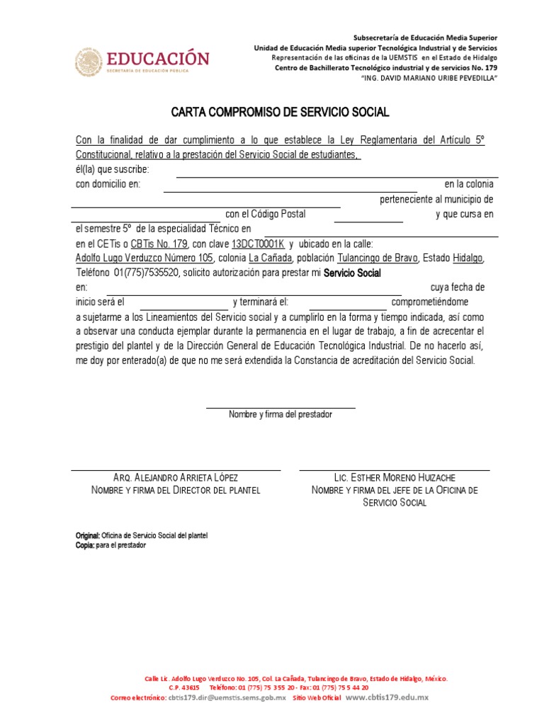Carta Compromiso de Servicio Social CBTis 179 | PDF