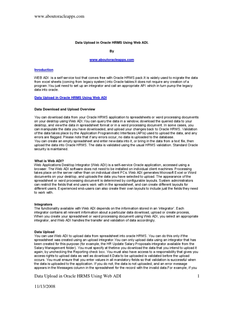 Data Upload in Oracle HRMS Using Web ADI | PDF | Web Application | Spreadsheet