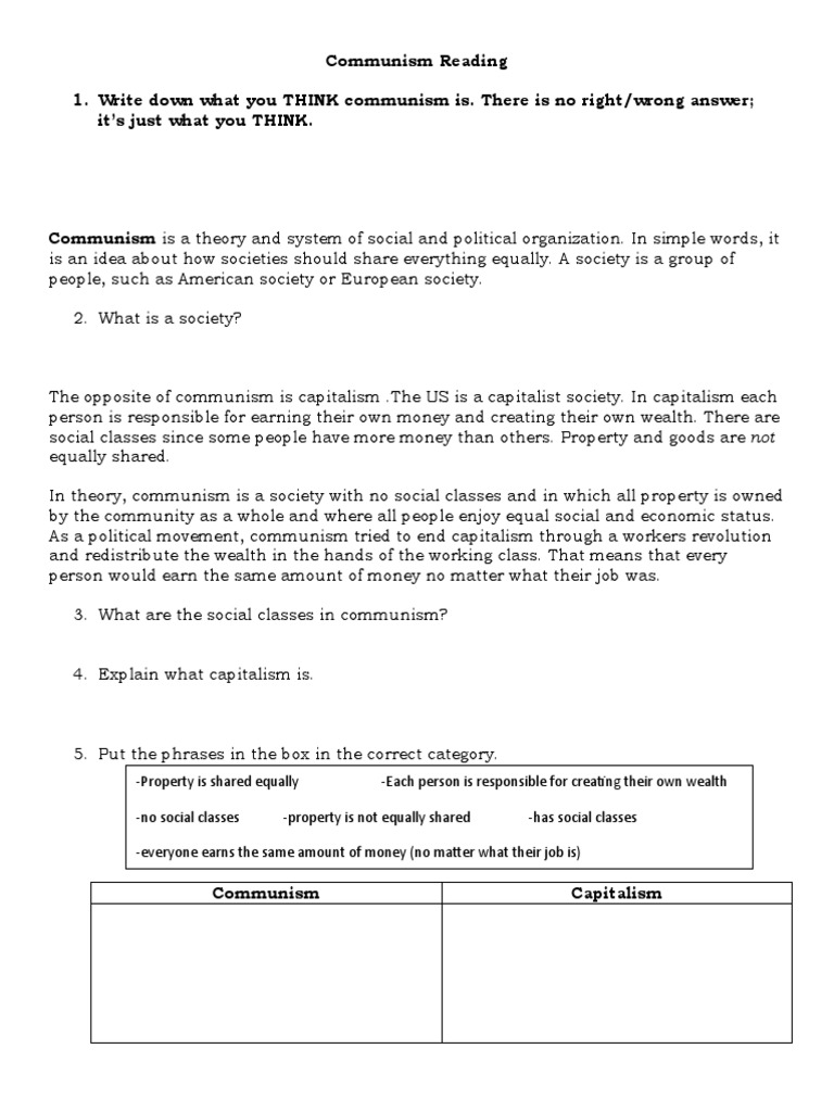 Communism Worksheet | PDF | Communism | Capitalism