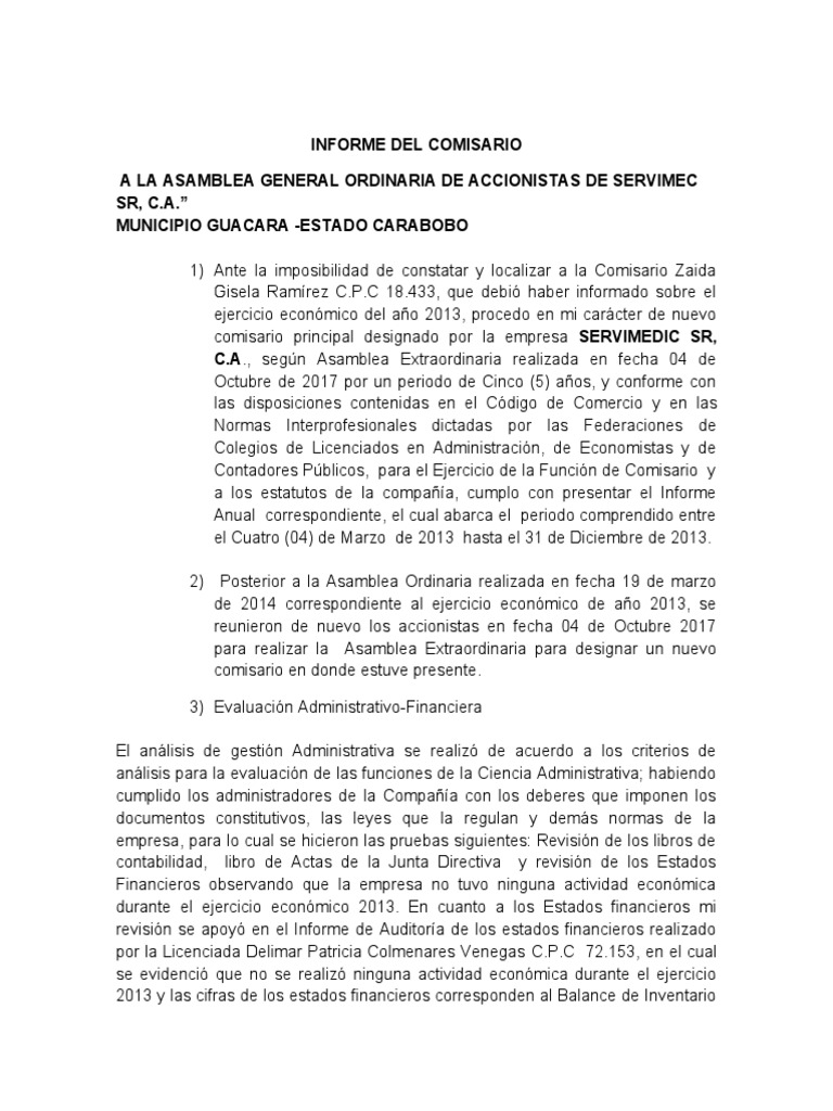 Informe Del Comisario | PDF | Auditoría | Contador