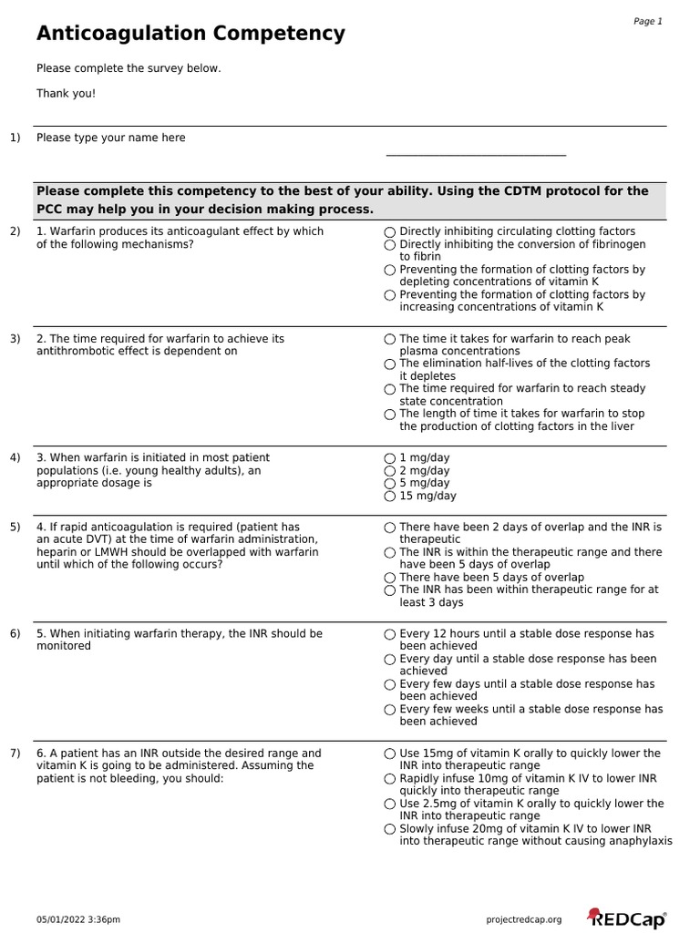 Anticoag Competency | PDF | Coagulation | Clinical Medicine