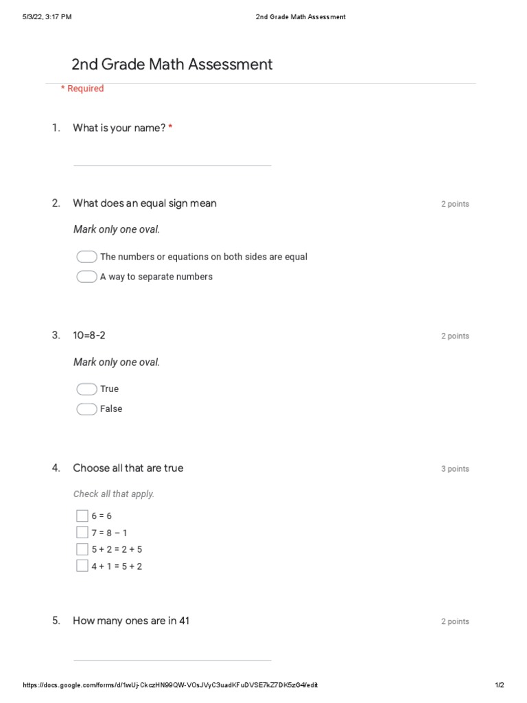 2nd Grade Math Assessment - Google Forms | PDF