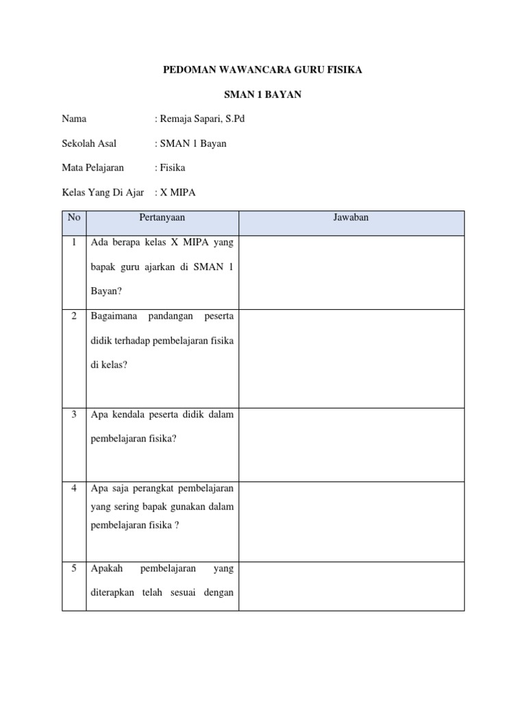 Pedoman Wawancara Guru Fisika Sman 1 Bayan-1 | PDF