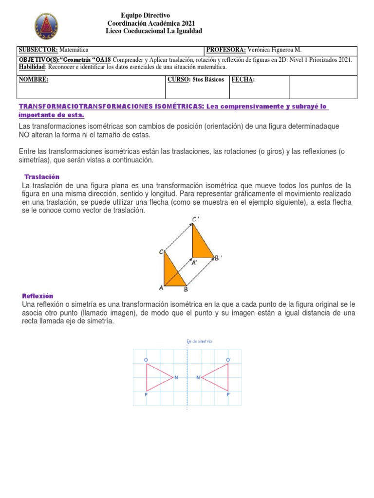 Guía de Transformaciones Isométricas 5° Básico | PDF | Rotación | Simetría