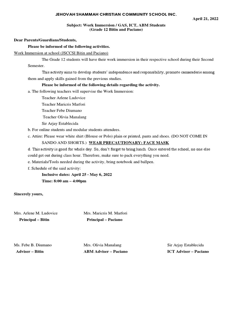 Letter For Work Immersion | PDF