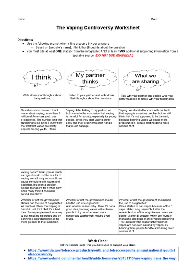 Vaping Controversy Discussion Worksheet | PDF | Electronic Cigarette ...