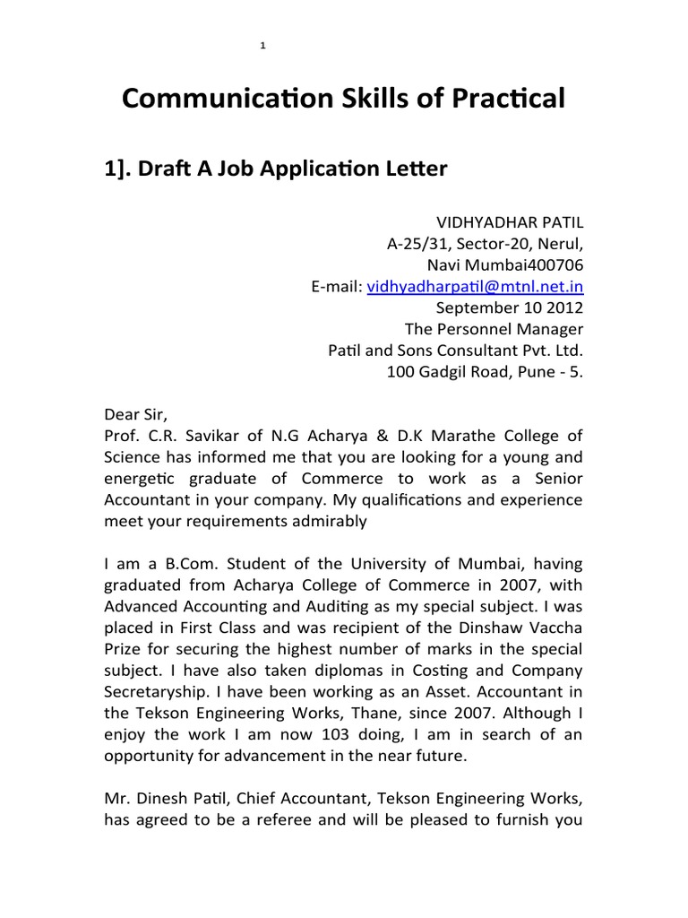 Communication Skills of Practical: 1) - Draft A Job Application Letter ...