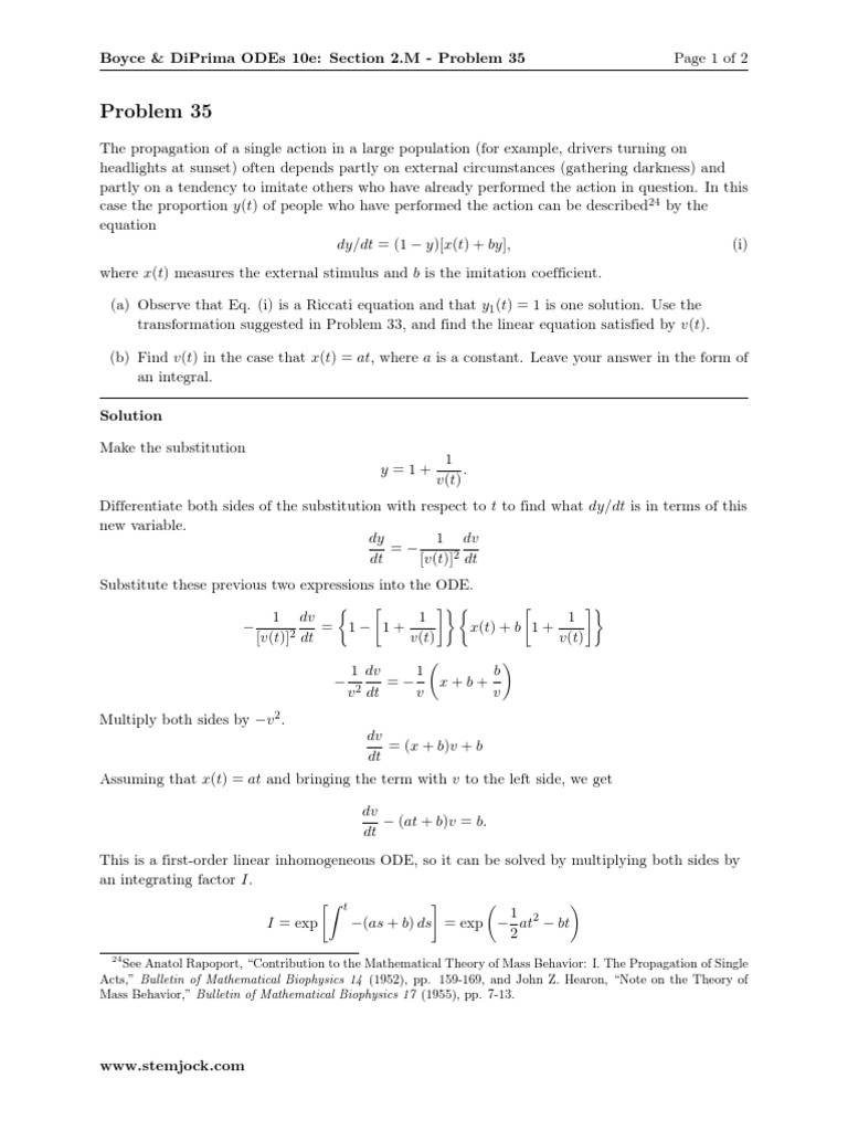 Boyce & DiPrima ODEs 10e: Section 2.M - Problem 35 | PDF | Ordinary ...