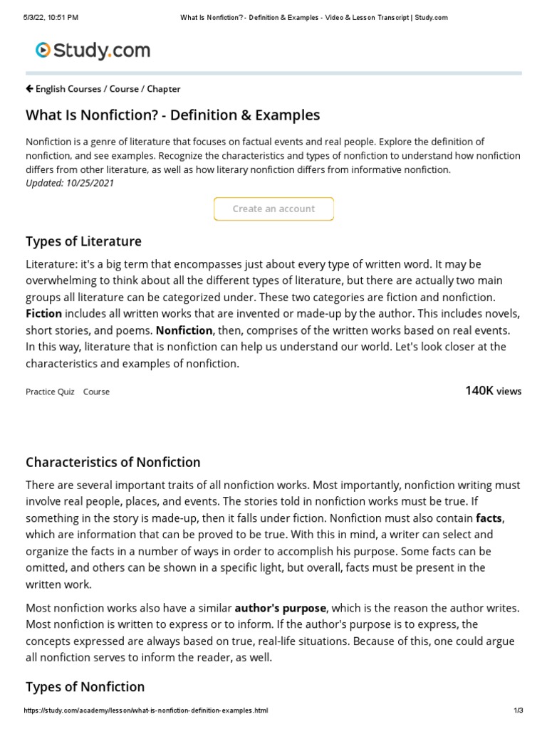 What Is Nonfiction - Definition & Examples - Video & Lesson Transcript ...