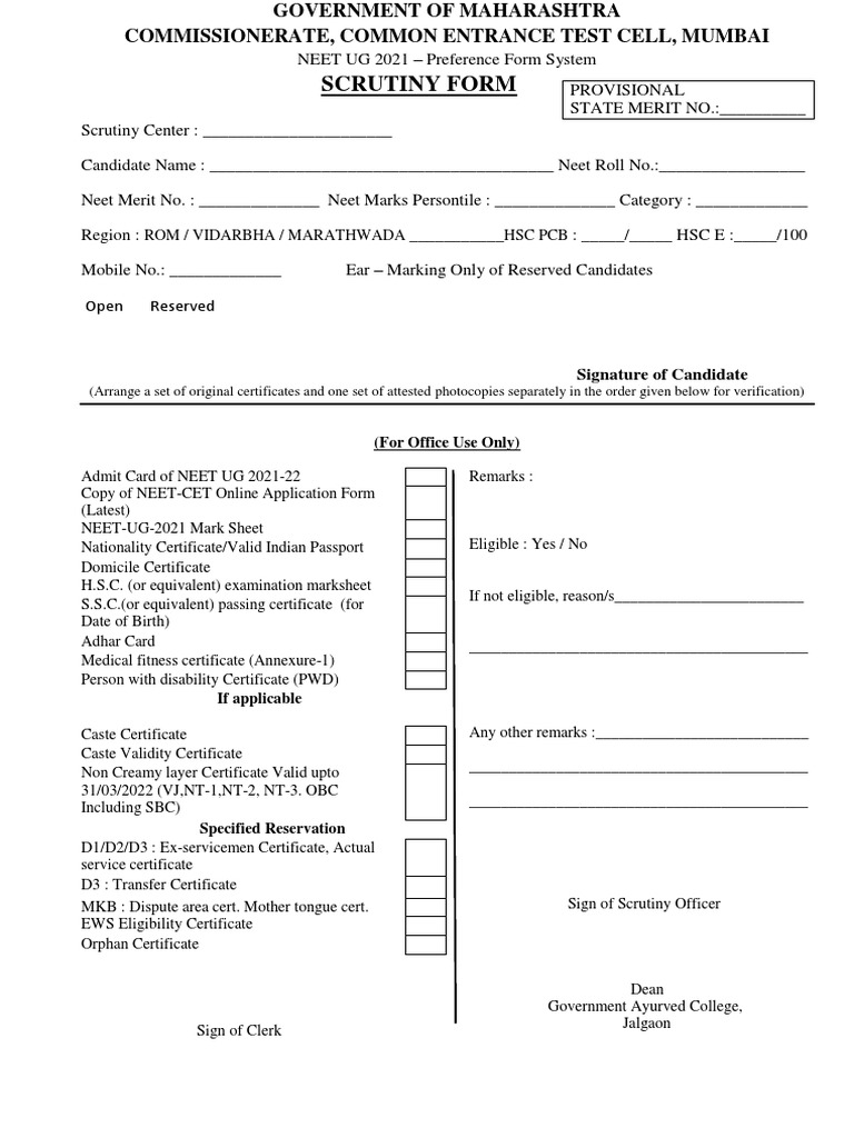 Scrutiny Form: (For Office Use Only) | PDF