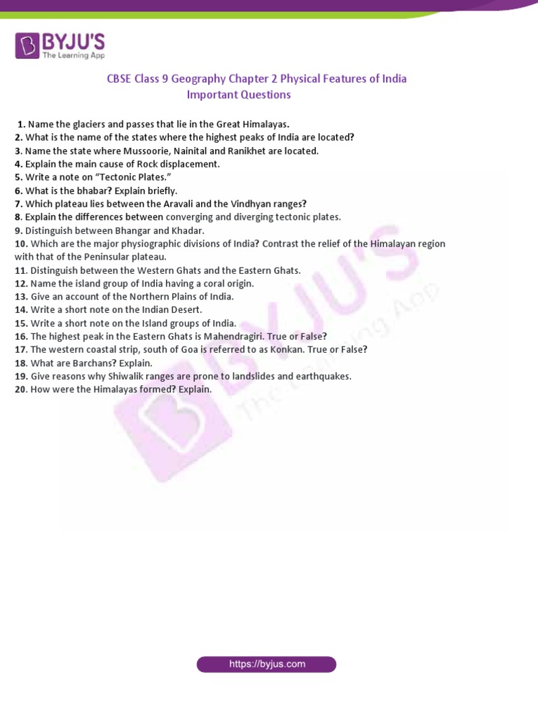 CBSE Class 9 Geography Chapter 2 Physical Features of India Important ...
