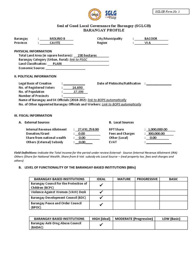 Seal of Good Local Governance For Barangay (SGLGB) Barangay Profile ...
