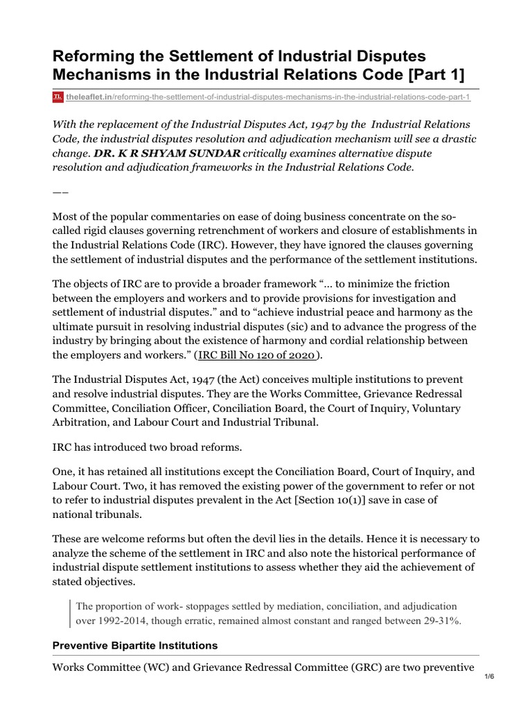 Reforming The Settlement of Industrial Disputes Mechanisms in The ...