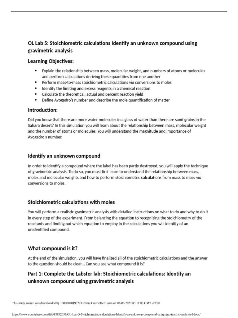 OL Lab 5 Stoichiometric Calculations Identify An Unknown Compound Using ...