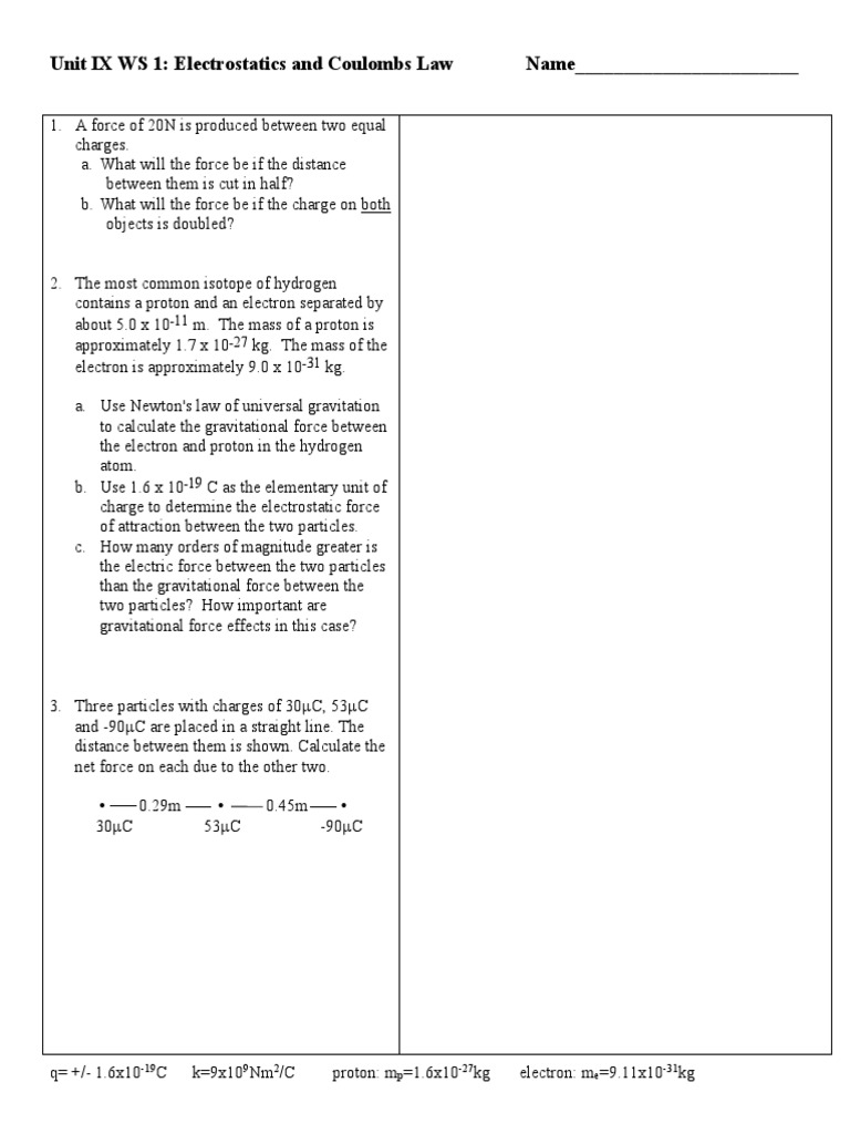 Electrostatics WS Coulumb and E Fields 2022 | PDF | Electric Charge | Force