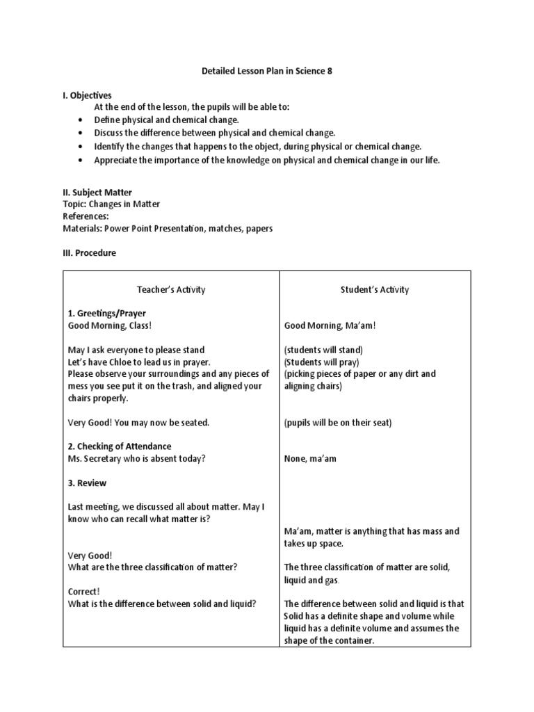 Lesson Plan: Physical and Chemical Changes | PDF | Matter | Gases