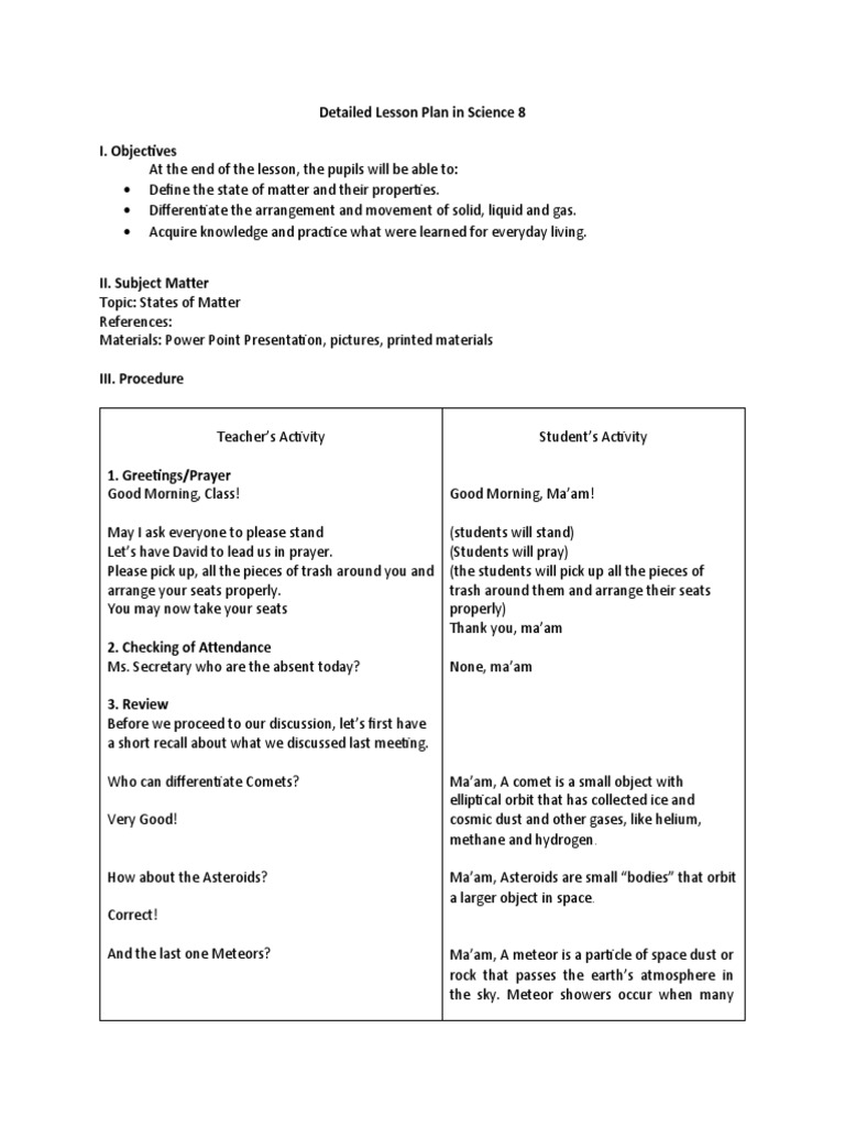 Detailed Lesson Plan in Science 8 MATTER | PDF | Gases | Liquids