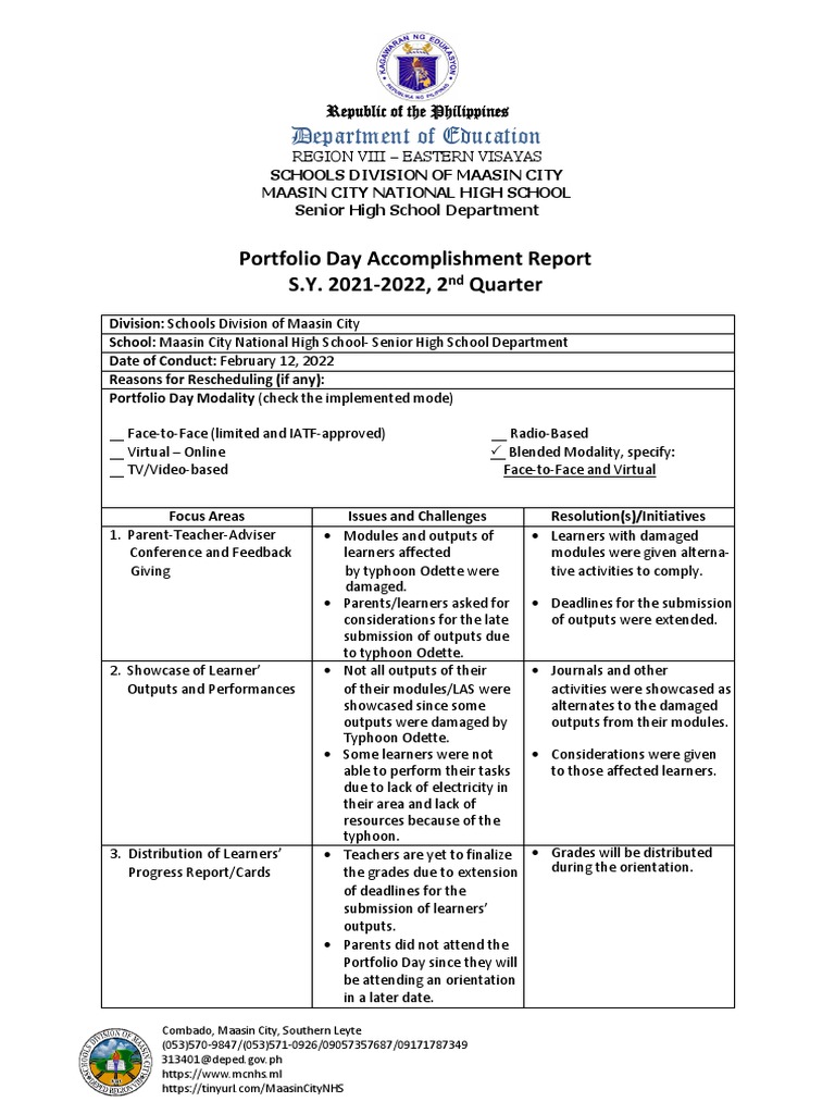 Department of Education: Portfolio Day Accomplishment Report S.Y. 2021 ...