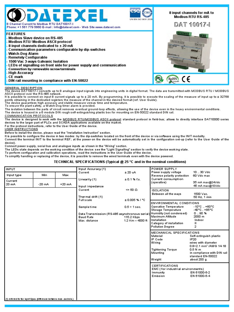 8 Channel Current To Modbus Rtu Dat10017 I | PDF | Computer Engineering ...