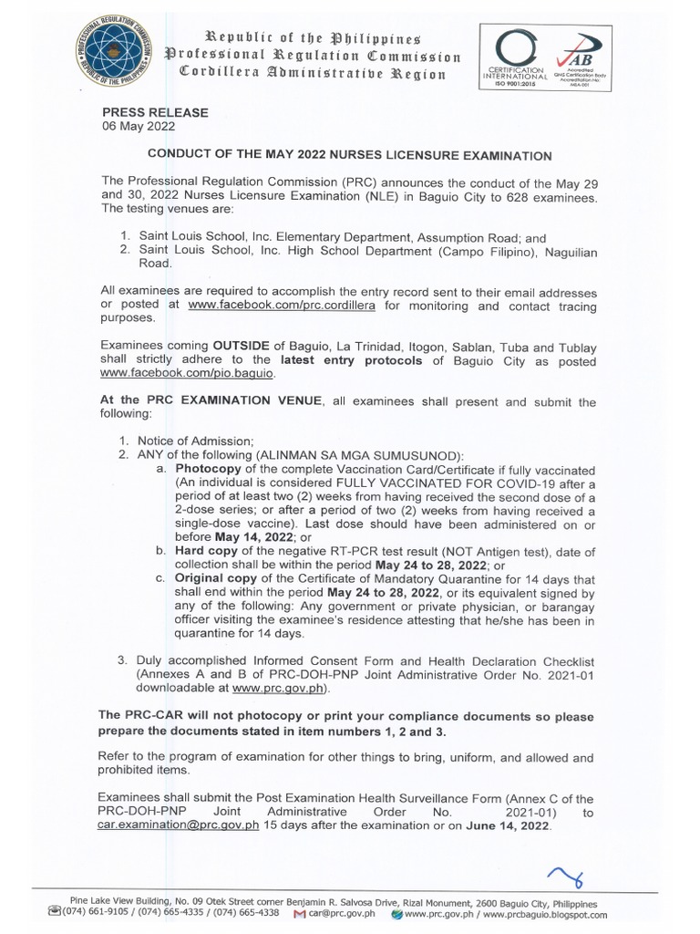 IN PRC CAR (Baguio City) Philippine Nurse Licensure Examination (Pnle ...