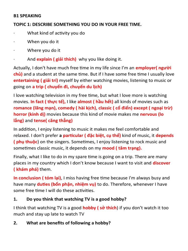 B1 Speaking Topic 1: Describe Something You Do in Your Free Time | PDF ...