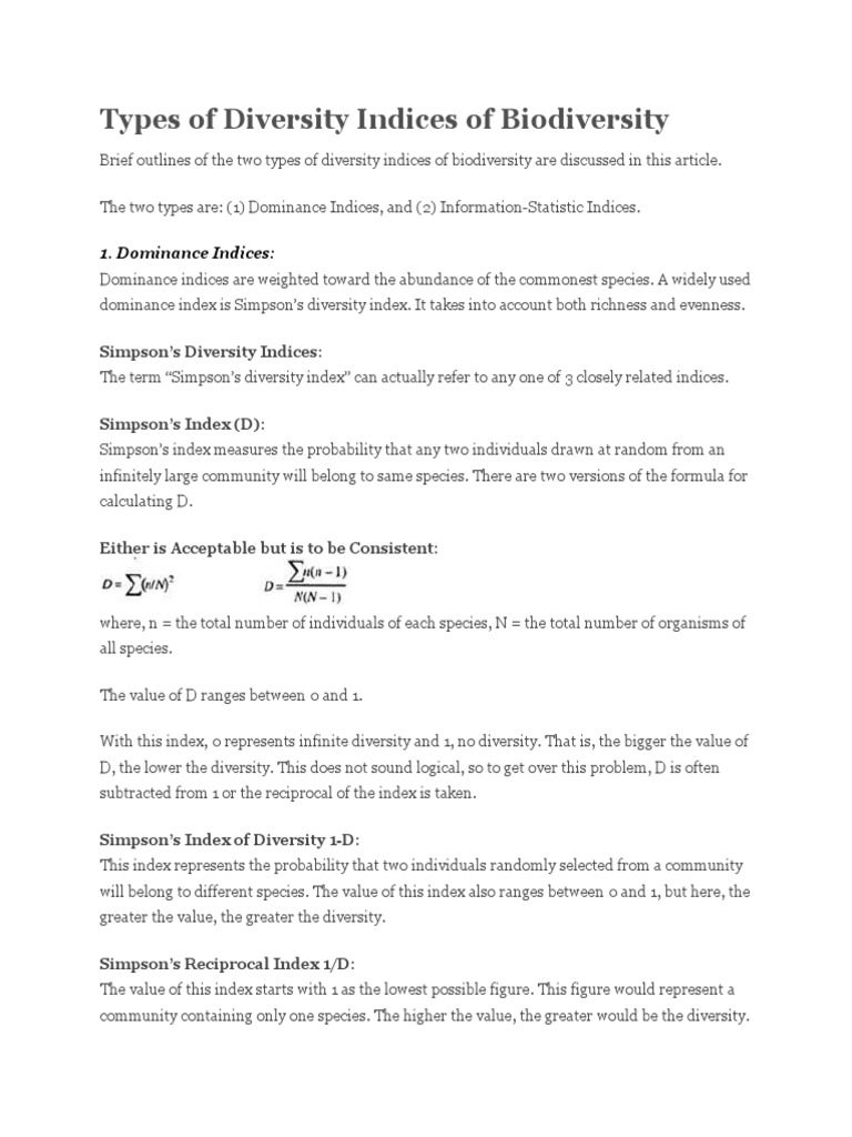 Biodiversity Diversity Indices Guide | PDF | Ecology