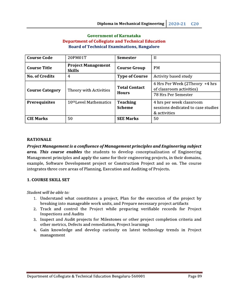Project Management Skills - 20PM01T - SYLLABUS | PDF
