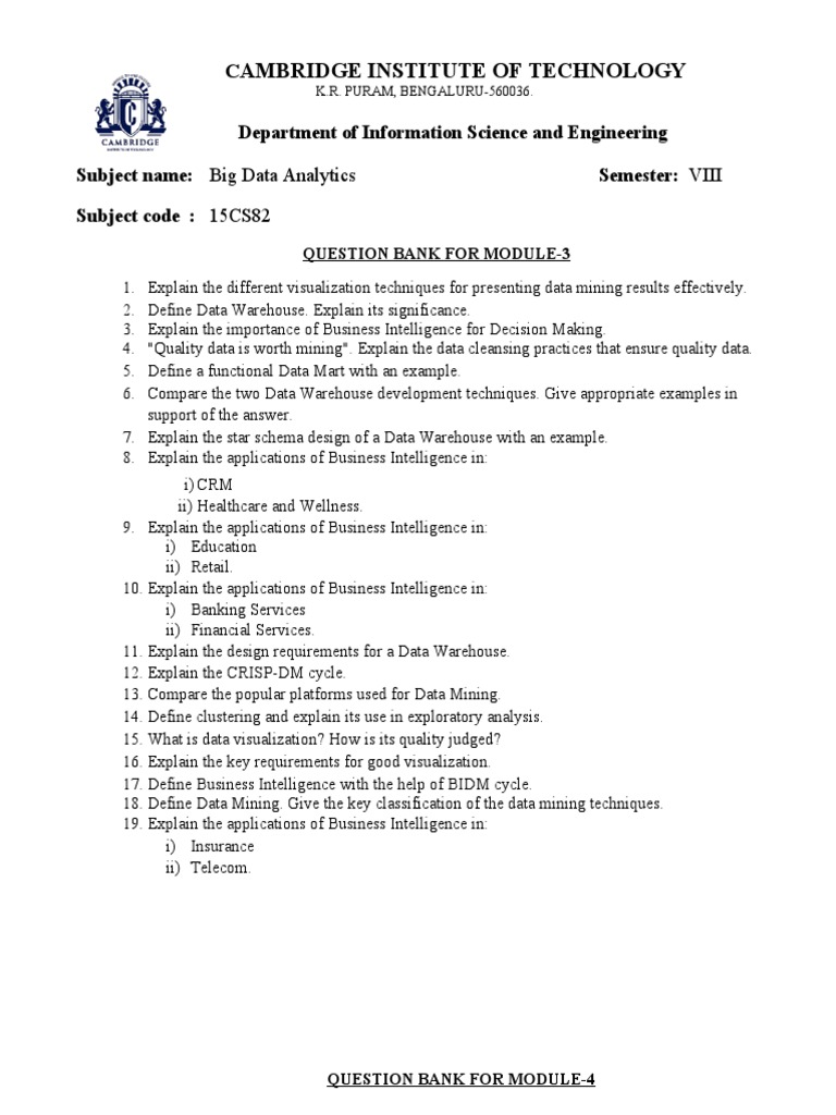Question Bank for Big Data Analytics Module on Data Visualization, Data Warehousing, Business ...
