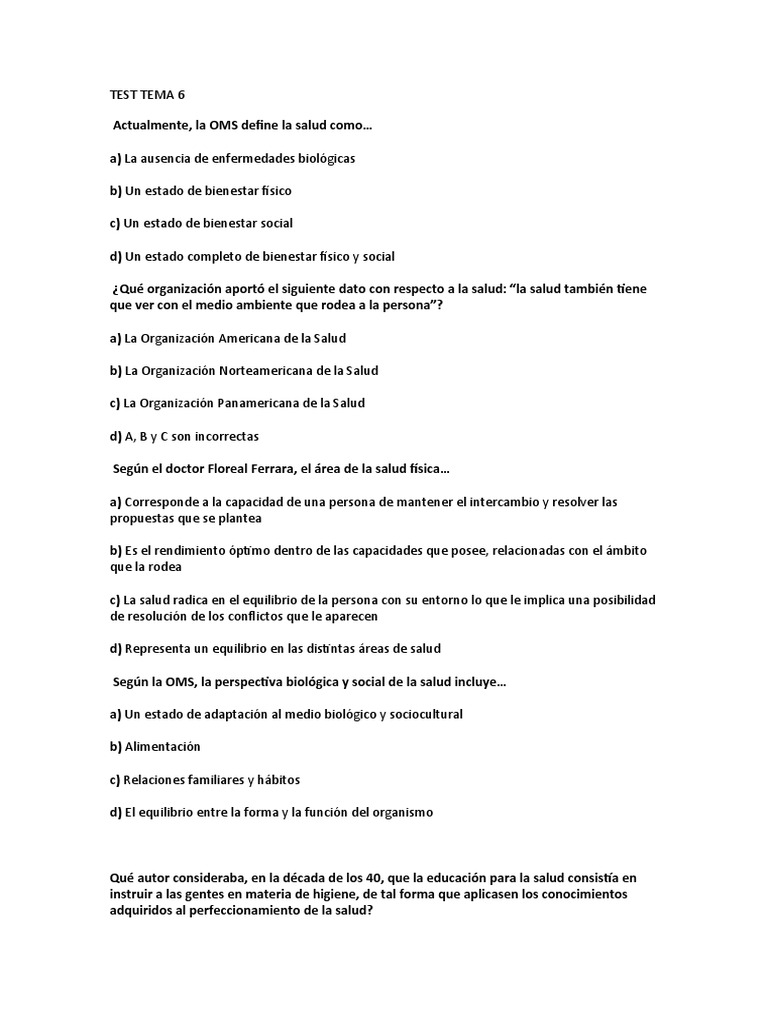 TEST TEMA 6 Salud | PDF | Aprendizaje | Promoción de la salud