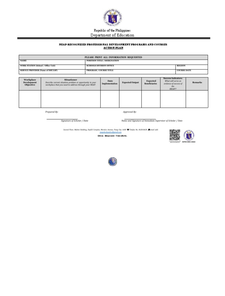 DepEd NEAP-Recognized Professional Development Programs Action Plan | PDF