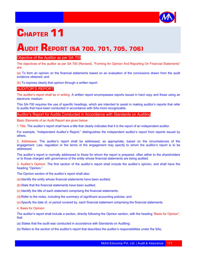Hapter Udit EPORT (SA 700, 701, 705, 706) : Objective of The Auditor As Per SA 700 | PDF ...