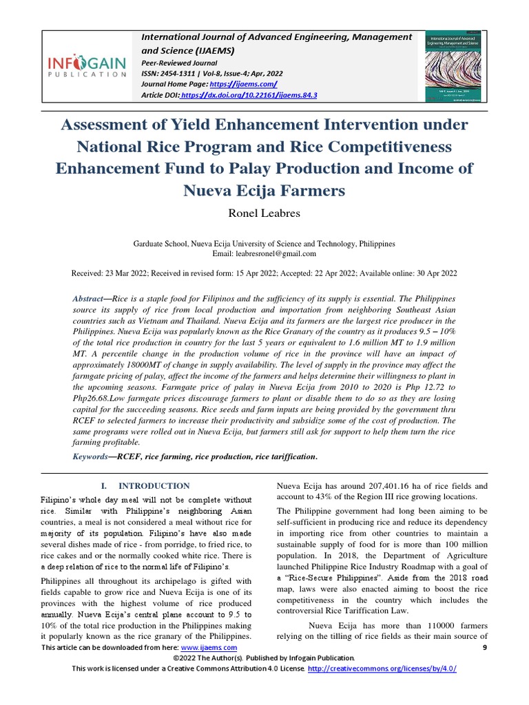 Assessment of Yield Enhancement Intervention Under National Rice ...