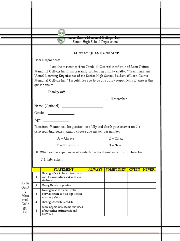 Survey Questionnaire: Statement Always Sometimes Often Never | Download ...